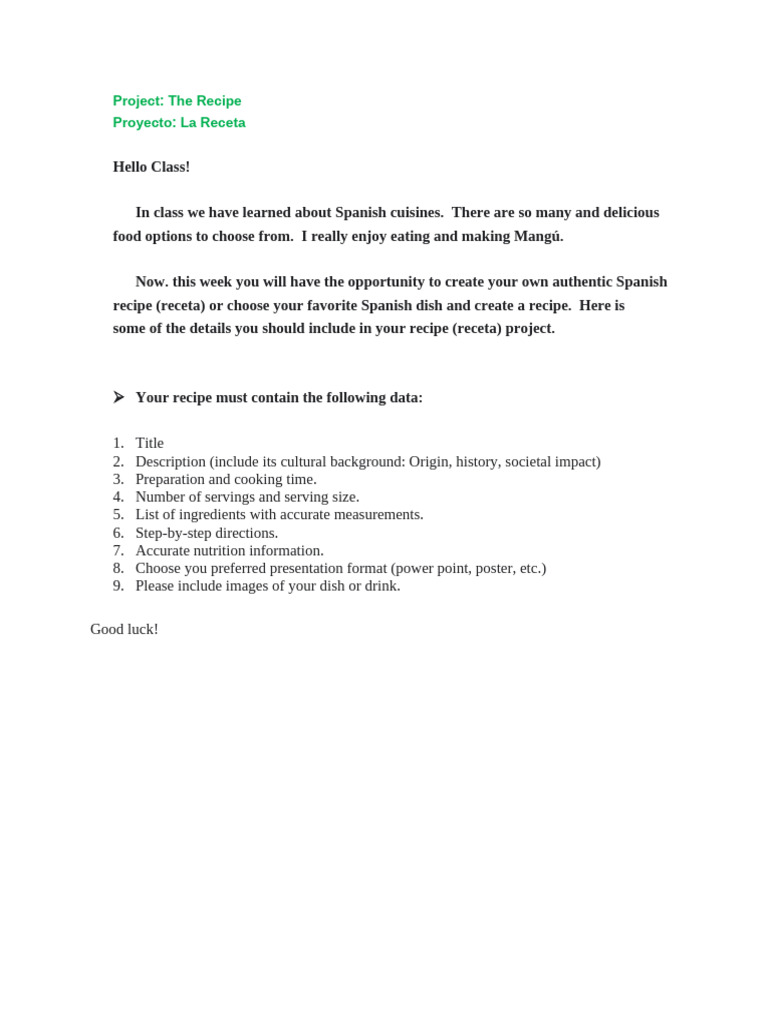 Spanish Recipe Project Guidelines | PDF