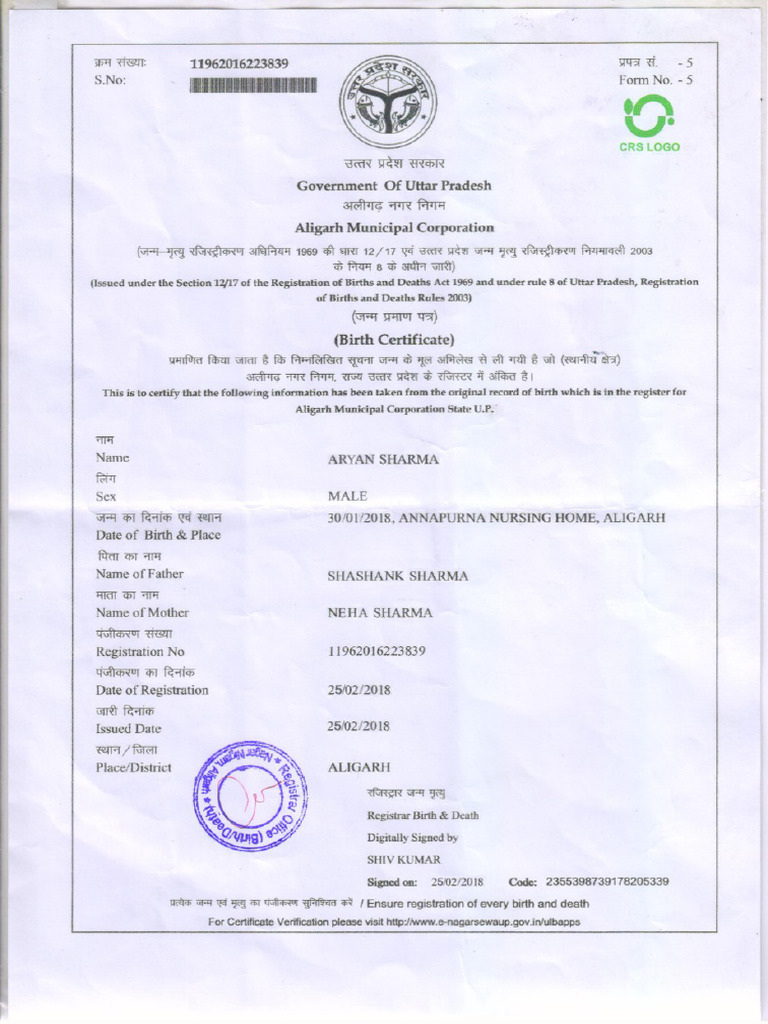 Aryan Birth - Certificate PDF | PDF