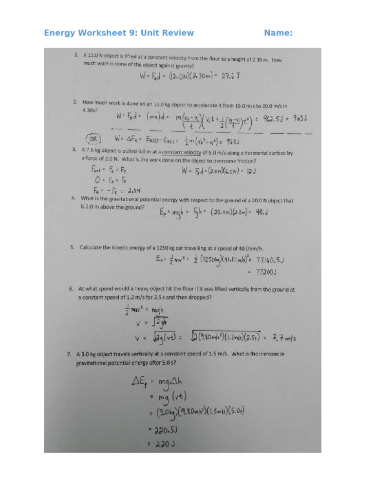 Energy Worksheet 8- Unit Review - KEY | PDF