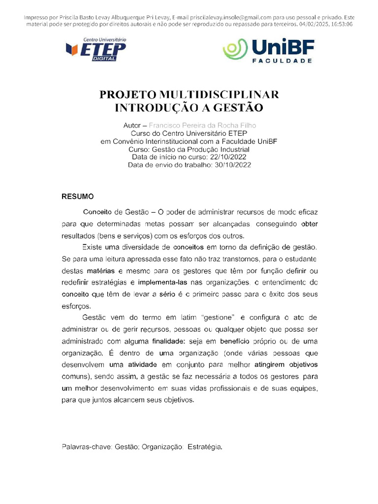 Projeto Ind A Gestao - Modelo 2 | PDF