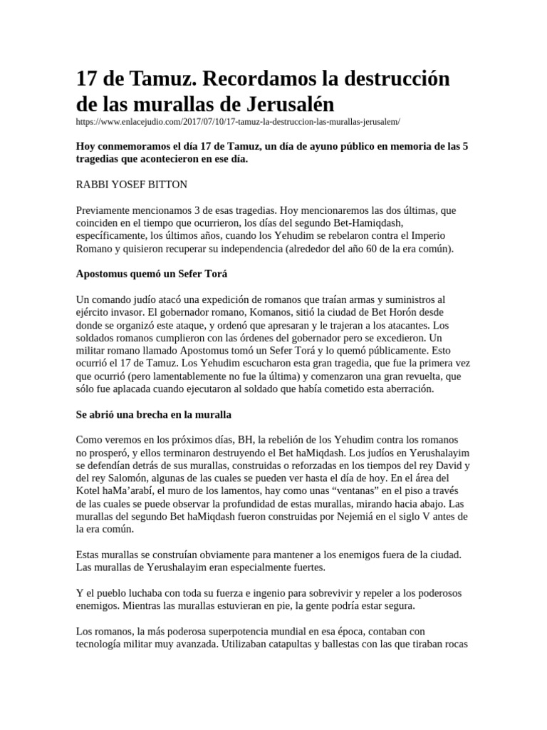 17 de Tamuz Recordamos La Destrucción de Las Murallas de Jerusalén ...