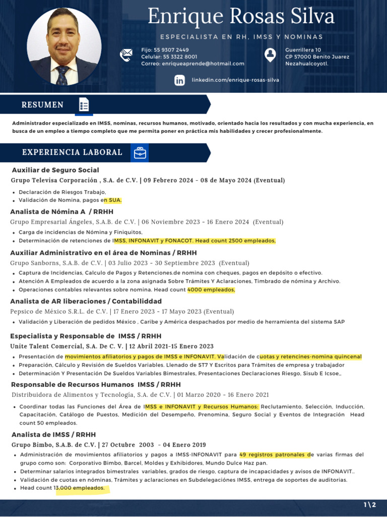 CV Enrique Rosas | PDF | Gestión de recursos humanos | Relaciones laborales