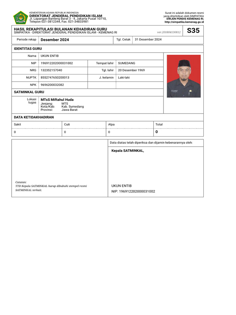 Rekap Kehadiran Guru Des 2024 | PDF