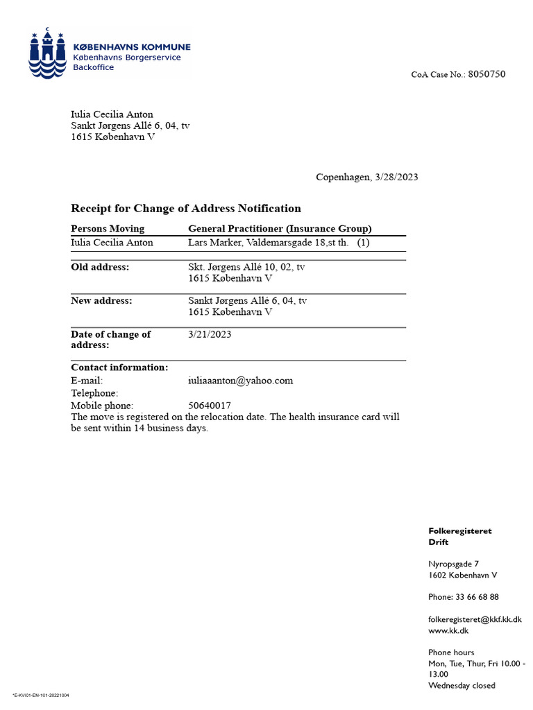 Address Change Receipt - Copenhagen | PDF