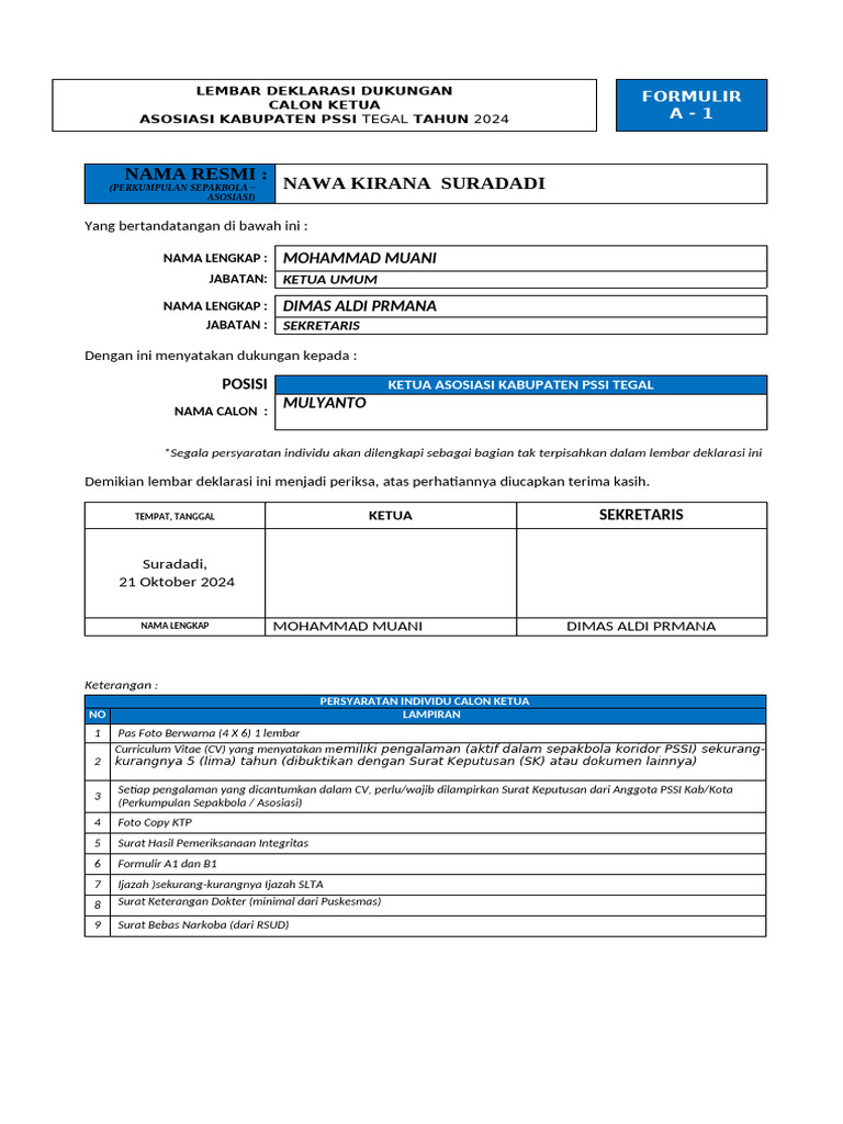 FORM A1 - Formulir Deklarasi Dukungan Calon Ketua PSSI Kabupaten-Kota ...