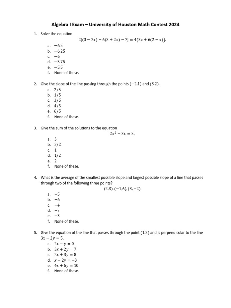 Algebra I Exam Questions 2024 | PDF | Geometry | Mathematics