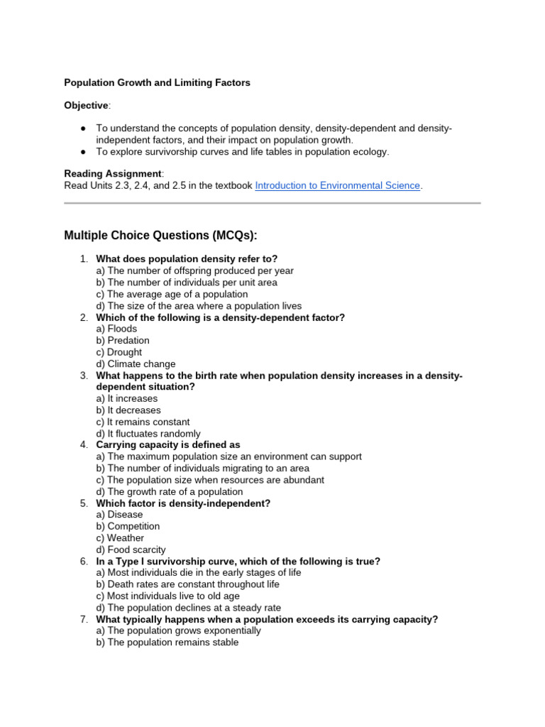 Worksheet - Population Growth and Limiting Factors | PDF | Natural ...