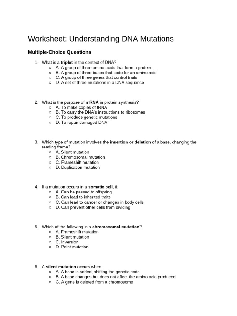 Worksheet - Understanding DNA Mutations | PDF | Mutation | Gene