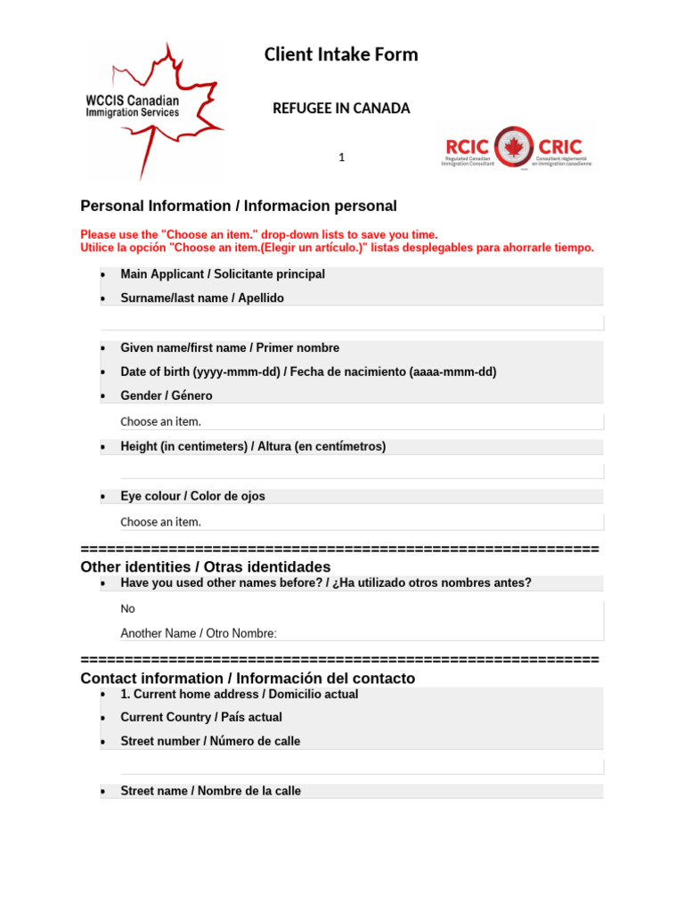 Client Intake Form - Refugee in Canada | PDF | Gobierno y personalidad