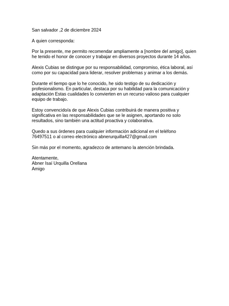 Recomendación profesional para Alexis Cubias | PDF