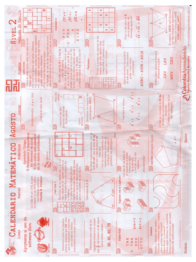 Calendario Matematico Agosto | PDF