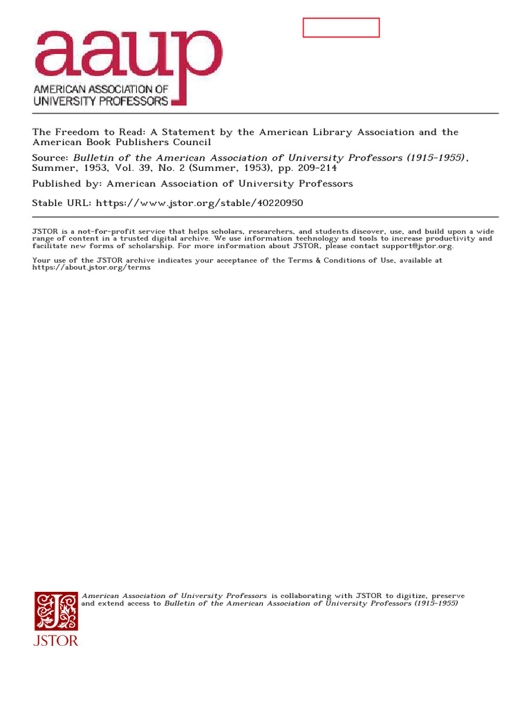 1953..the Freedom To Read - A Statement by The ALA | PDF | Censorship