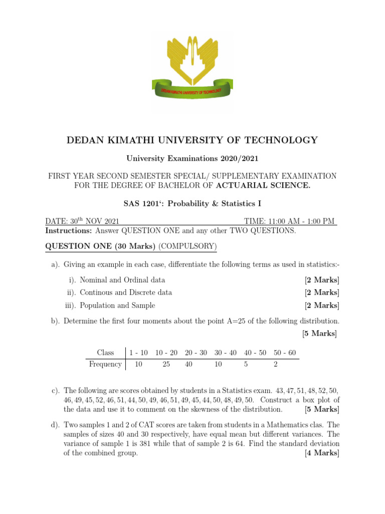 SAS 1201 Probability & Statistics I | PDF | Statistics | Descriptive ...