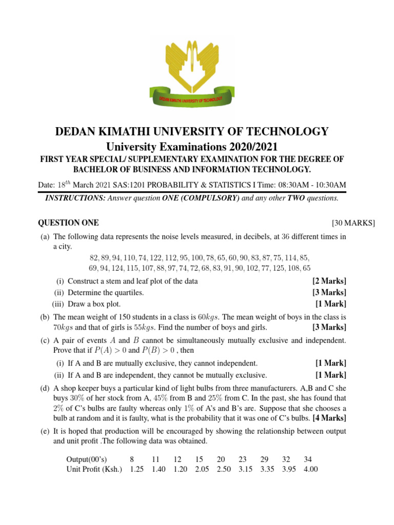 SAS 1201 Probability and Statistics I | PDF | Statistics | Statistical ...