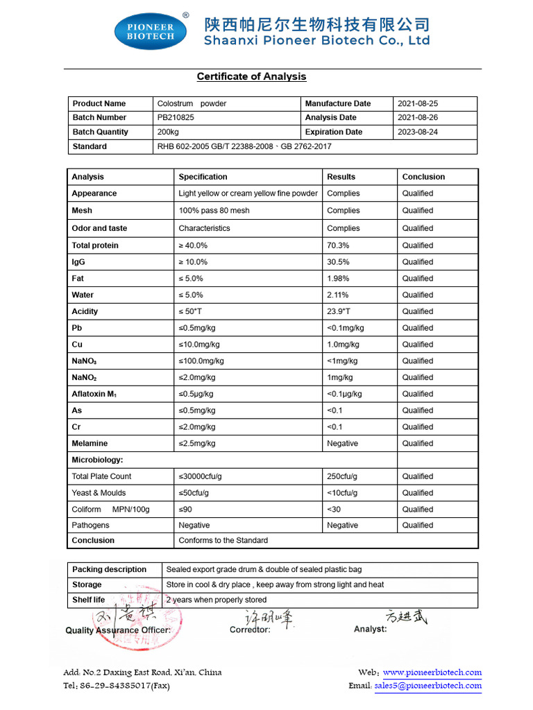 Colostrum Powder Certificate of Analysis | PDF