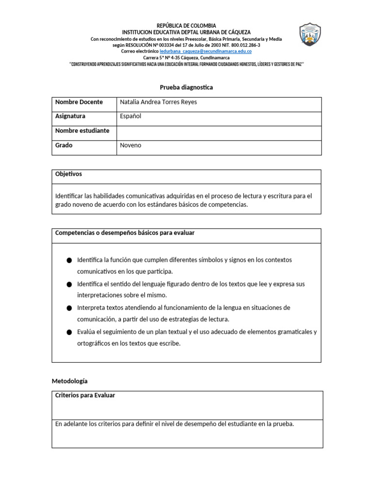 9no Español Prueba diagnóstica | PDF | Educación de la primera infancia ...