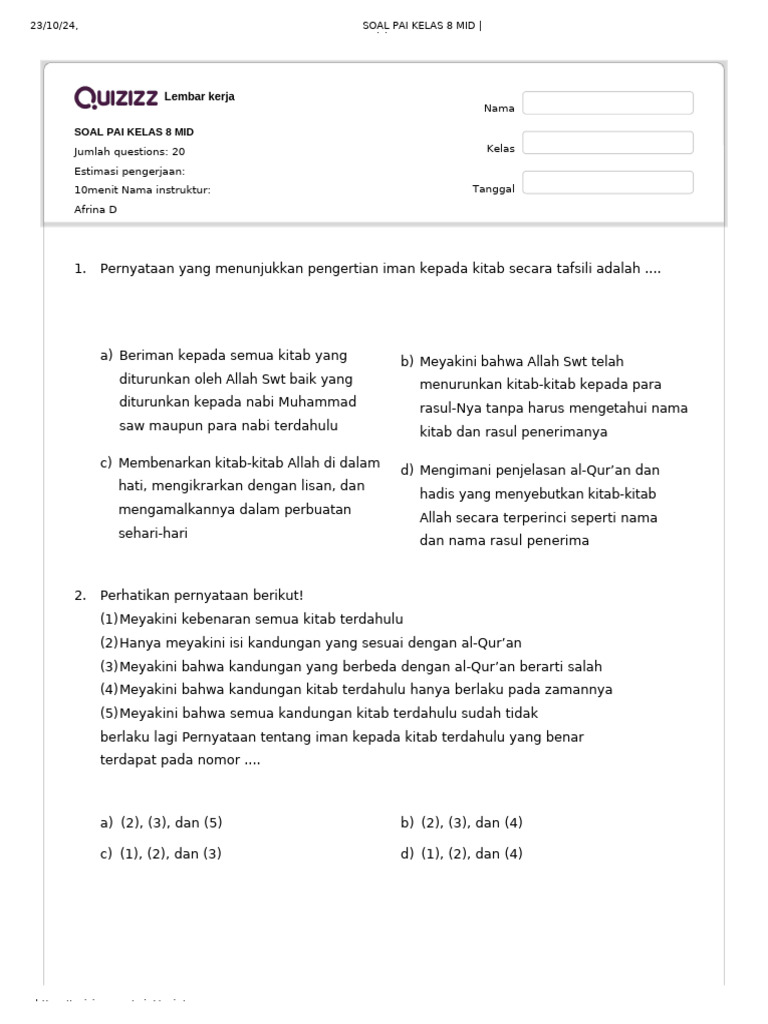 SOAL PAI KELAS 8 MID - Quizizz | PDF