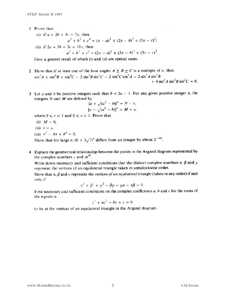 STEP Maths II 1987 Exam Paper | PDF