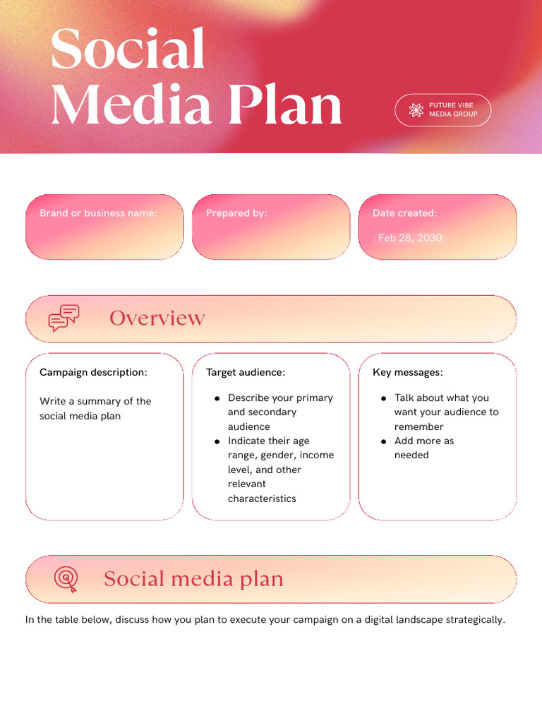 Social Media Plan Doc in Red Pink Light Yellow Professional Gradients ...