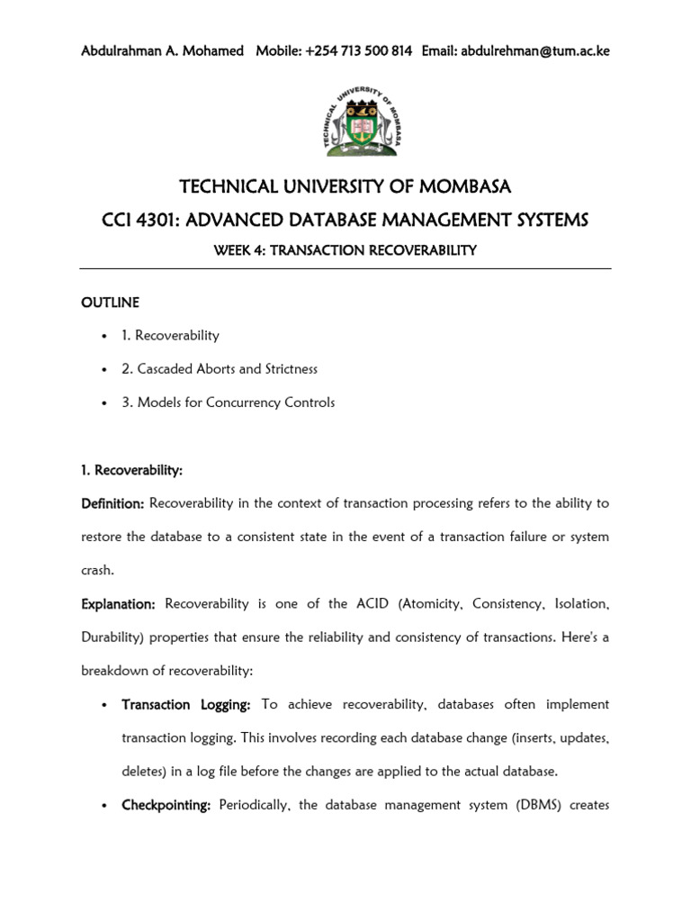 Week 4 - Transaction Recoverability | PDF | Database Transaction | Databases