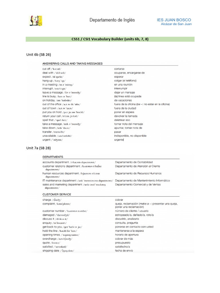 Vocabulario Inglés CSS1/CSI1 Unidades 6b-8 | PDF