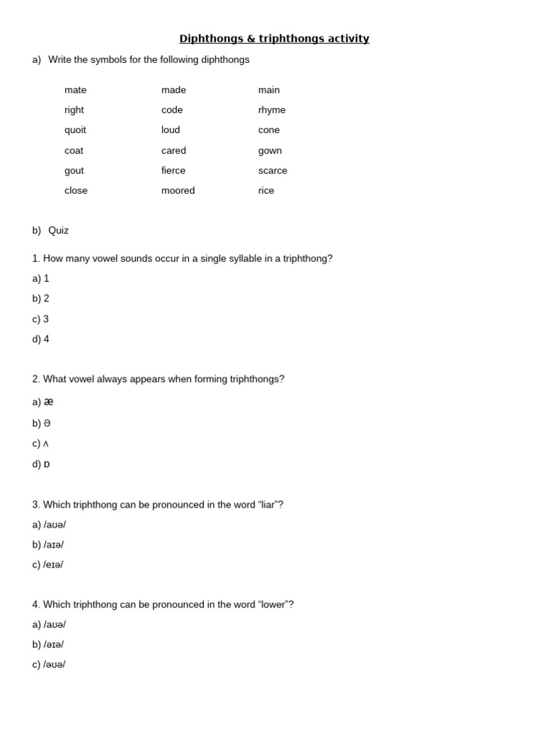 Diphthongs and Thiphthongs Activity | PDF