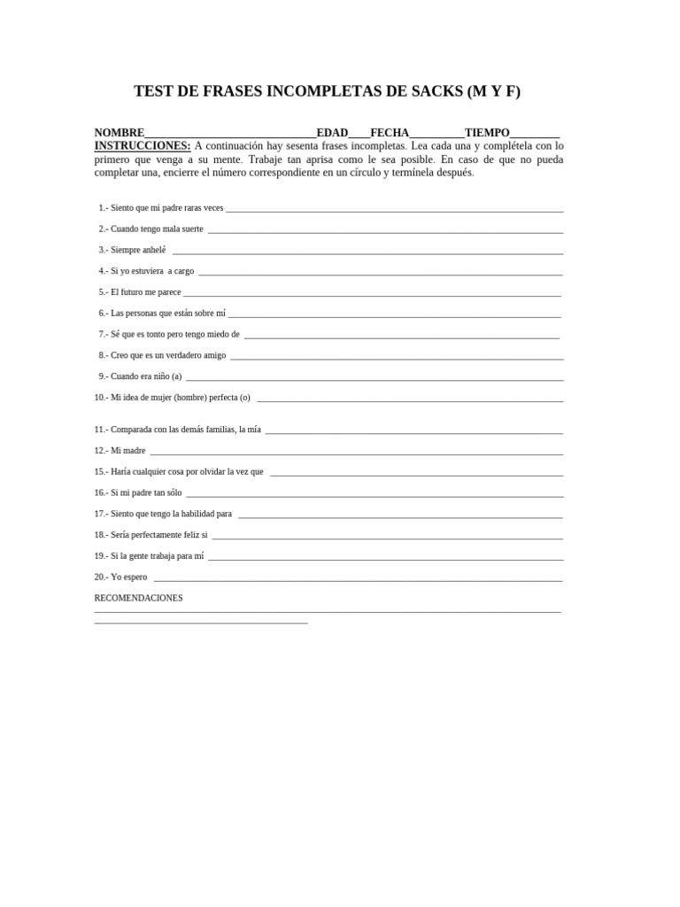 Test Sacks para Adultos | PDF
