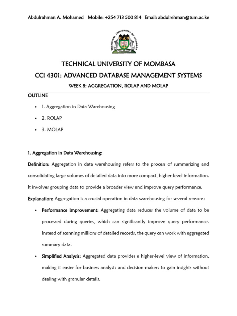 Week 8 - Aggregation ROLAP and MOLAP | PDF | Information Technology Management | Data Management