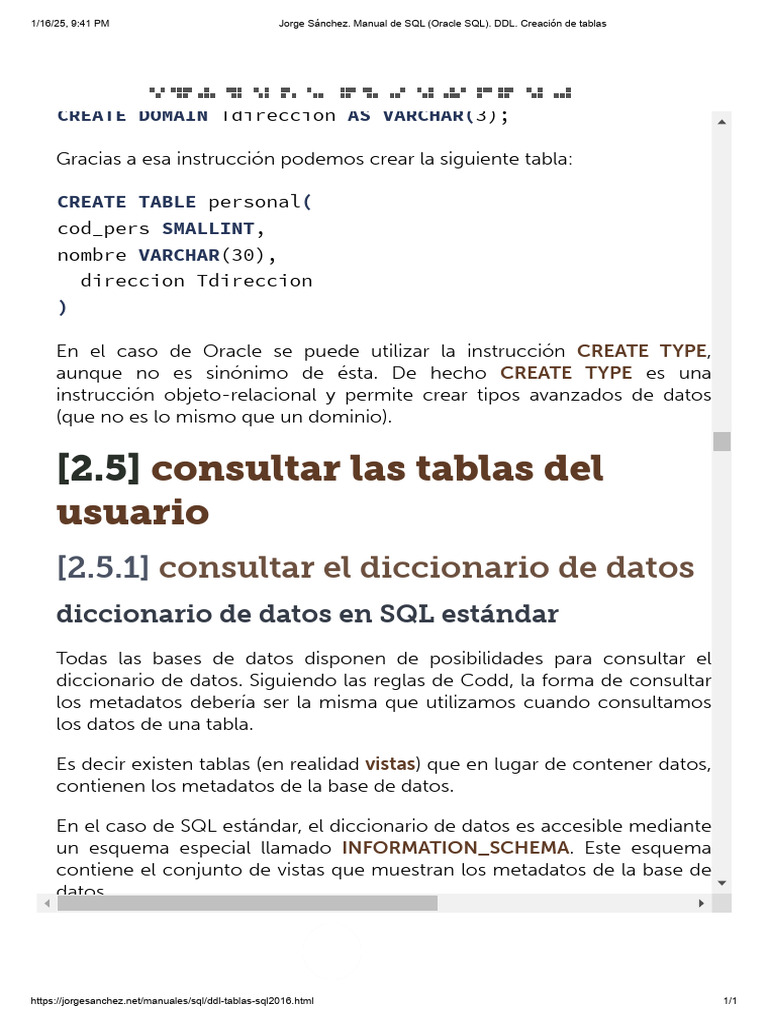 Jorge Sánchez. Manual de SQL (Oracle SQL) - DDL. Creación de Tablas | PDF