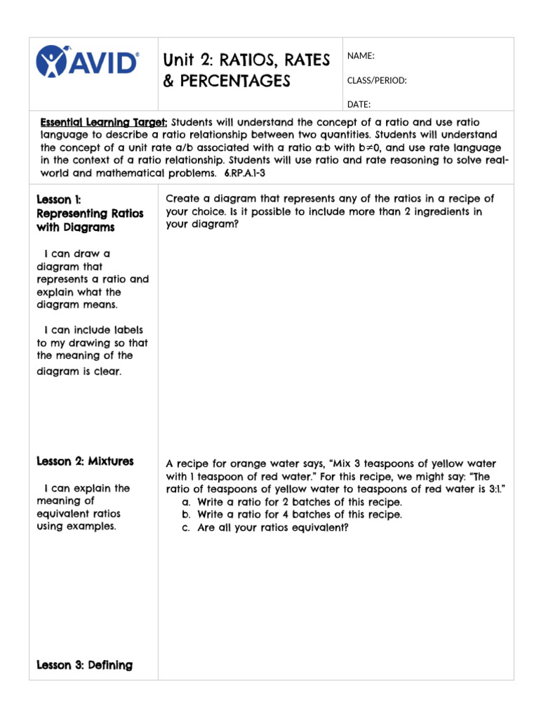 AVID Cornell Notes -Ratios | PDF | Ratio | Measurement