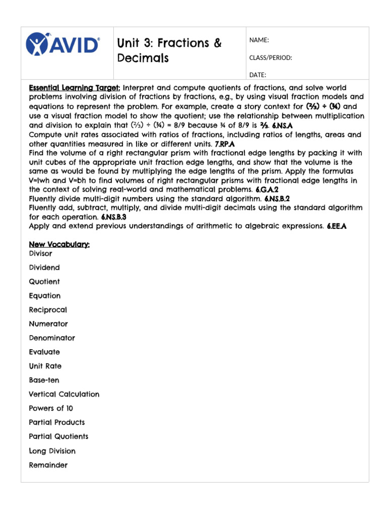 AVID Cornell Notes - Fractions & Decimals | PDF | Division (Mathematics ...