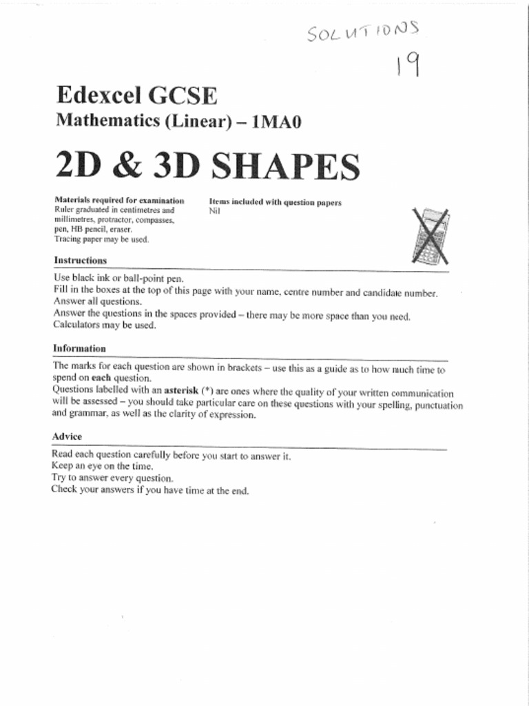Edexcel Gcse 1ma0 2d and 3d Shapes - Answer | PDF