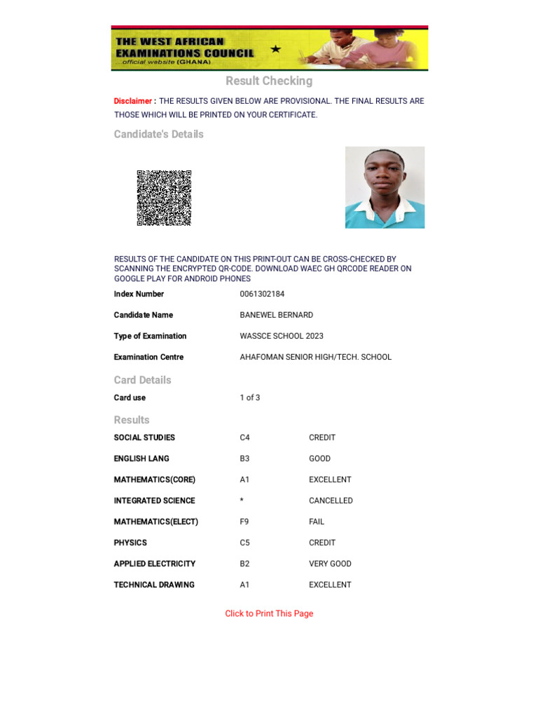 WASSCE 2023 Result Summary for Banewel Bernard | PDF