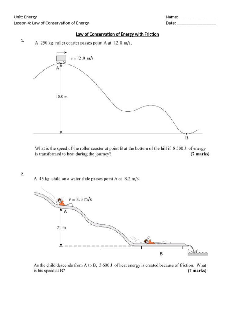 Law of Conservation of Energy Worksheet | PDF