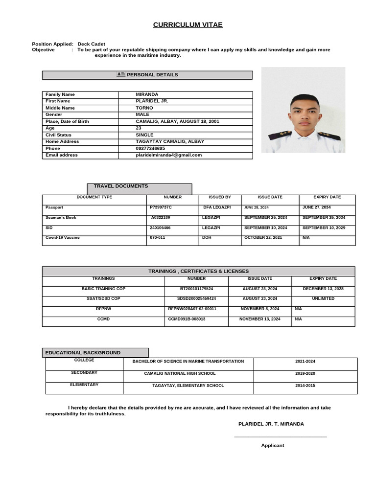 Deck Cadet CV of Plaridel Miranda | PDF | Shipping