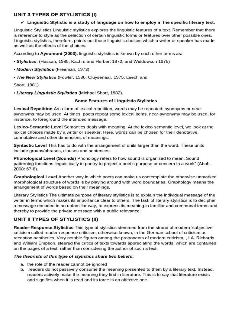 Unit 3 Types of Stylistics | PDF | Linguistics | Semantics