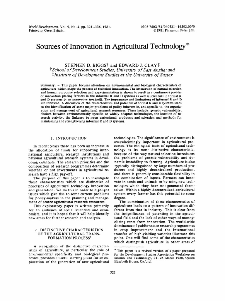 Biggs & Clay (1981) - Sources of Innovation in Agricultural Technology ...