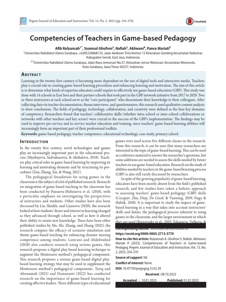 Teacher Competencies in Game-Based Learning | PDF | Teachers | Pedagogy