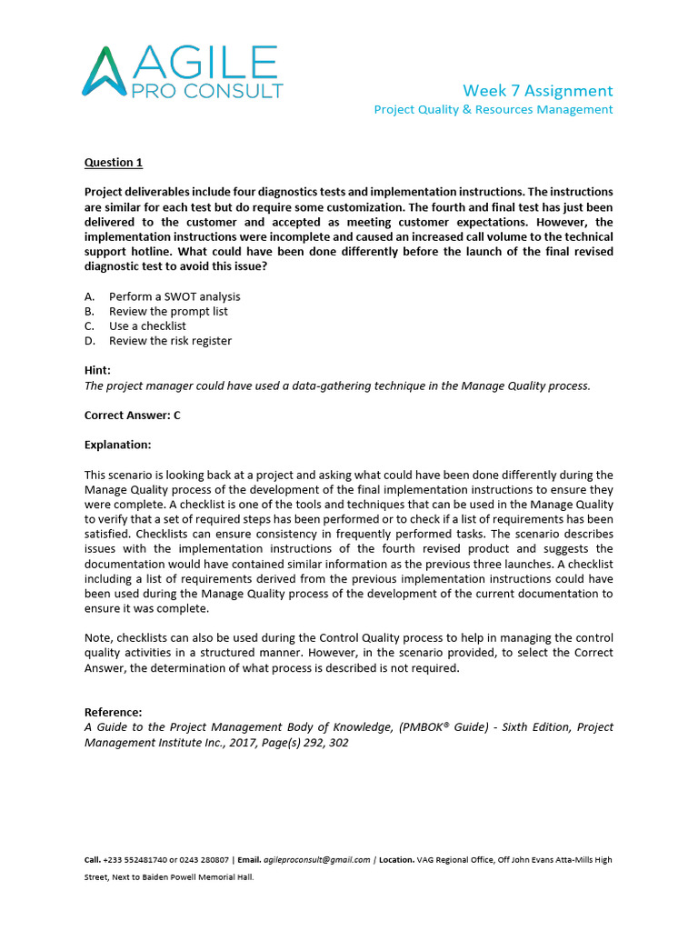 Week 7 Assignment Answers & Explanations 4 Quality and Resources | PDF | Scrum (Software ...