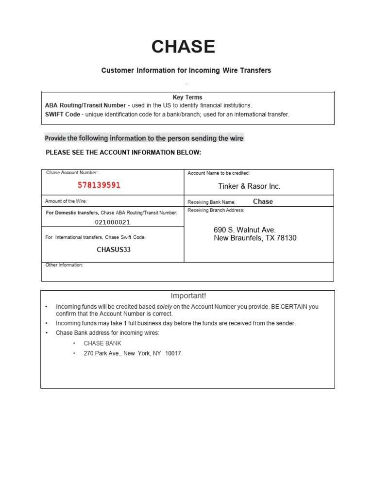 Chase Wire Transfer Information Sheet 1.29.2024 | PDF