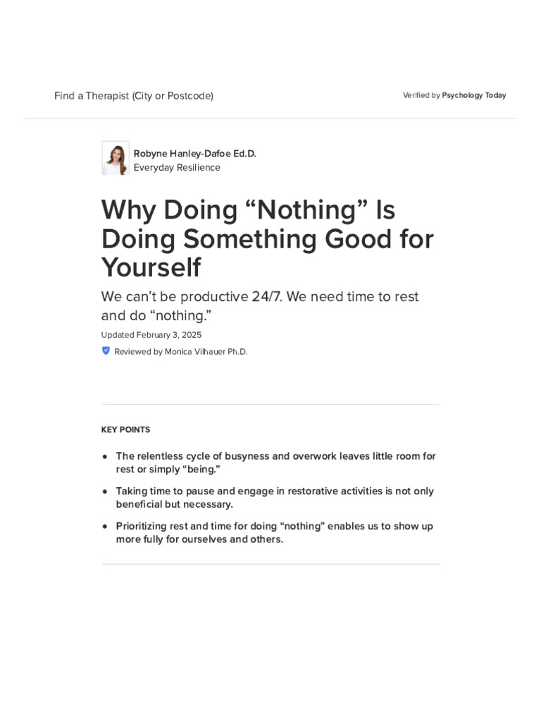 Why Doing "Nothing" Is Doing Something Good For Yourself - Psychology Today | PDF ...