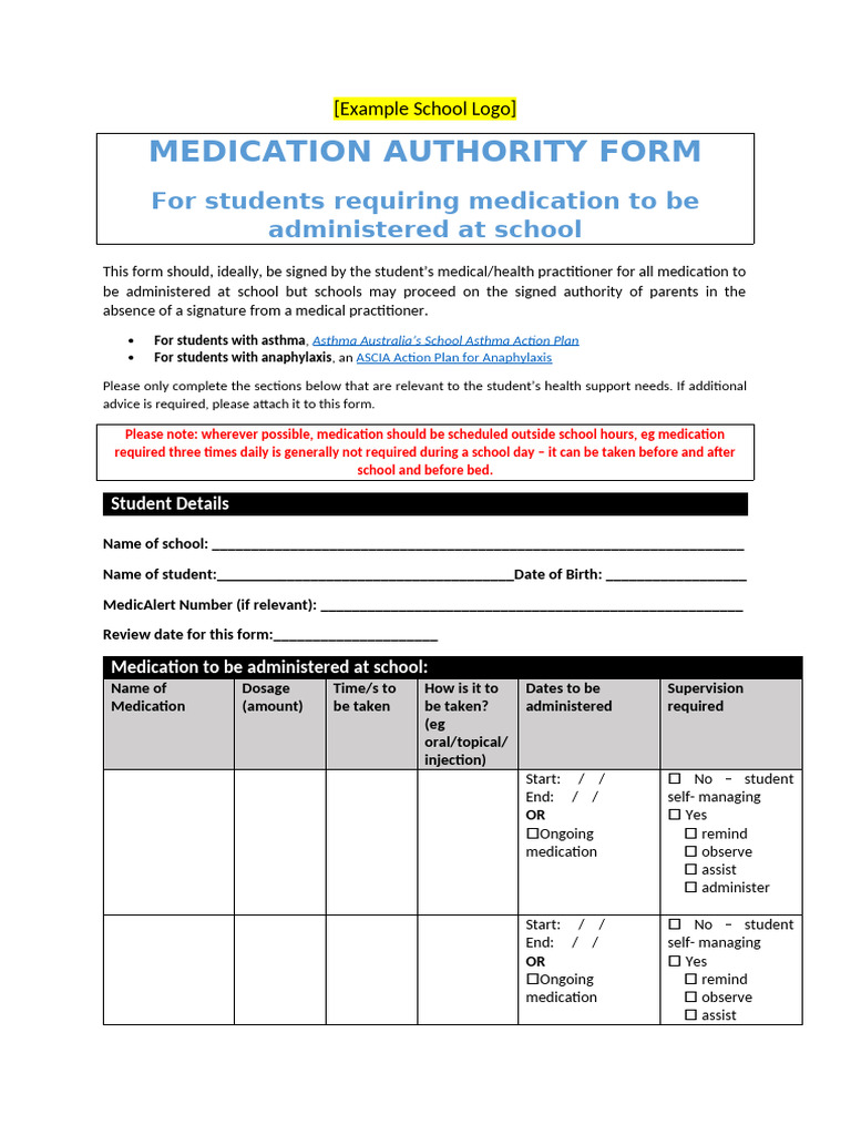 School Medication Authority Form | PDF | Social Programs | Health Care
