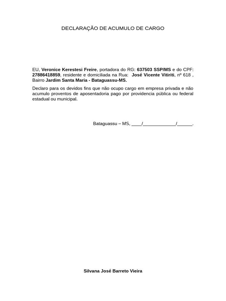 DECLARAÇÃO Acumulo de Cargo. Angela Maria | PDF