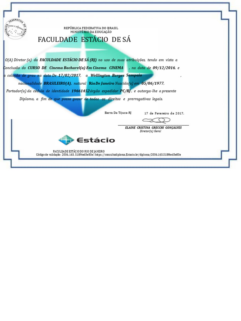 Diploma de Cinema - Estácio 2017 | PDF | Estágios educacionais