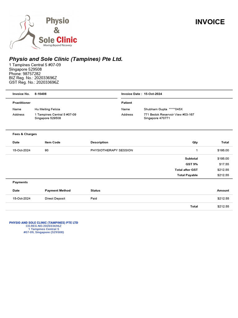 Physio Clinic Invoice Summary Pdf