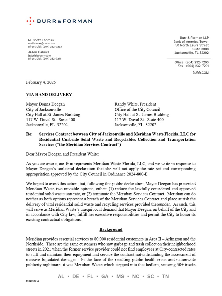 Letter Re Meridian Waste Florida, LLC | PDF | Consumer Price Index | Veto