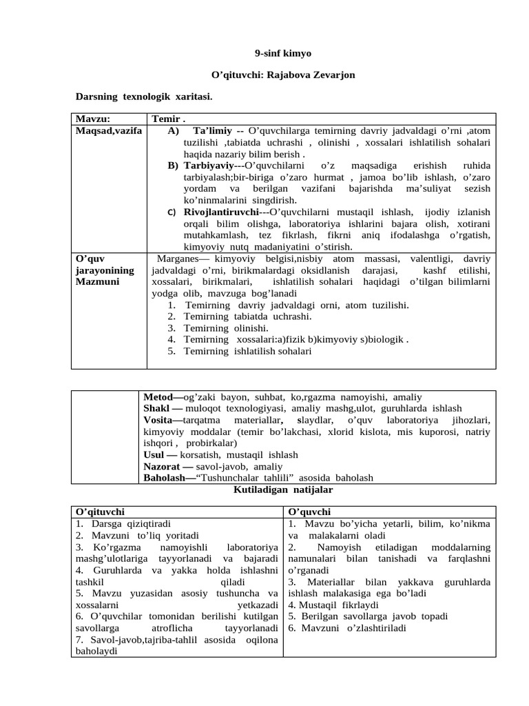 9 Sinf Kimyo Dars Ishlanma | PDF