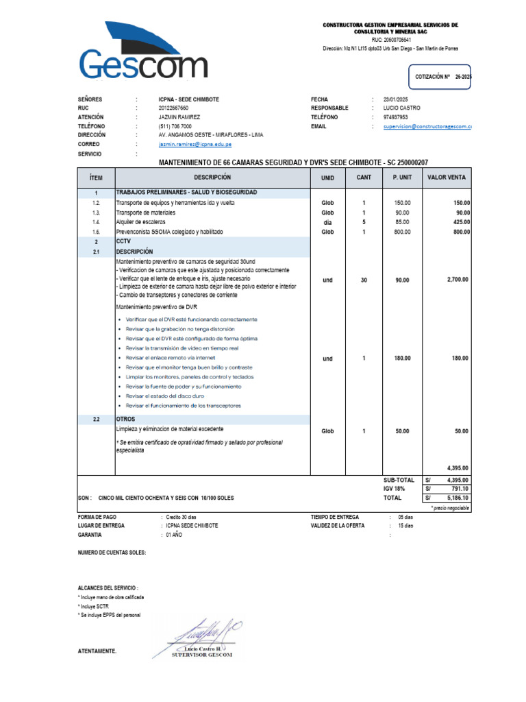 Gescom SC 250000207 - Mantenimiento de Camaras Seguridad y DVR'S Sede Chimbote | PDF