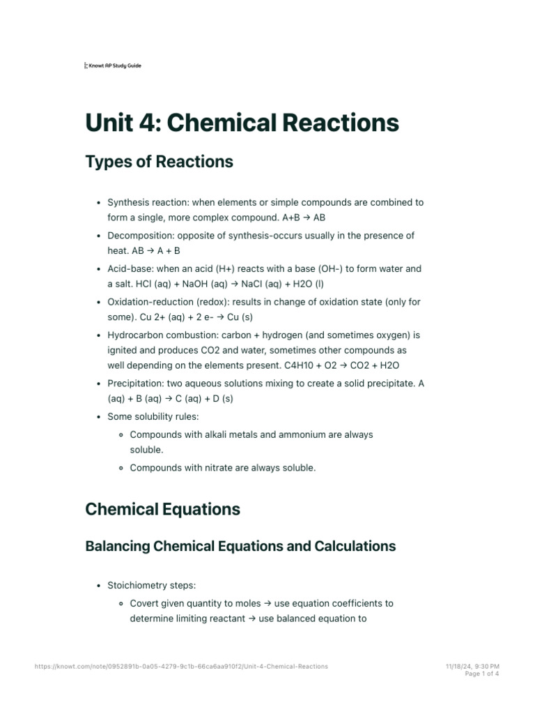 Unit 4 - Chemical Reactions Notes - Knowt | PDF | Chemical Reactions ...