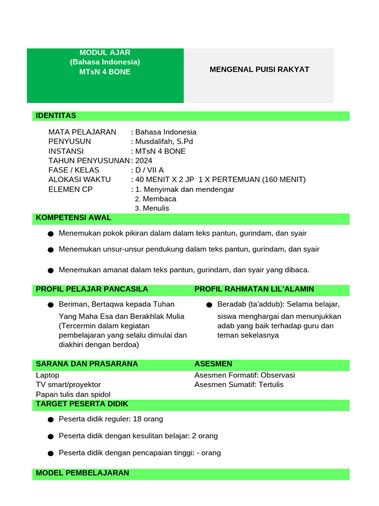 "Modul Ajar Puisi Rakyat MTsN" | PDF